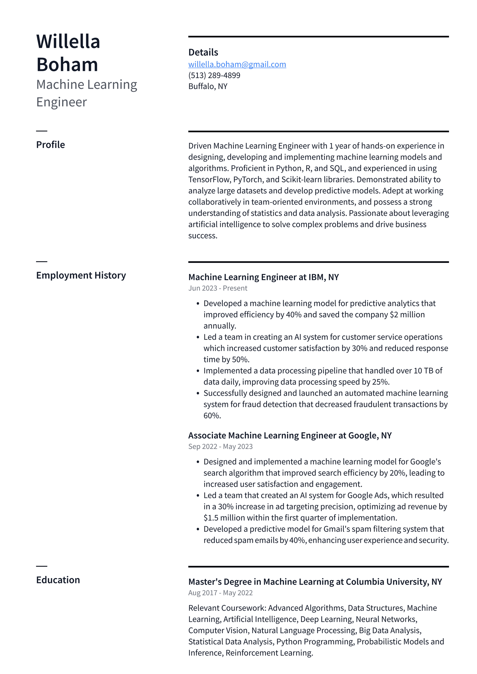 IBM Machine Learning Engineer Resume Examples | ResumeCat