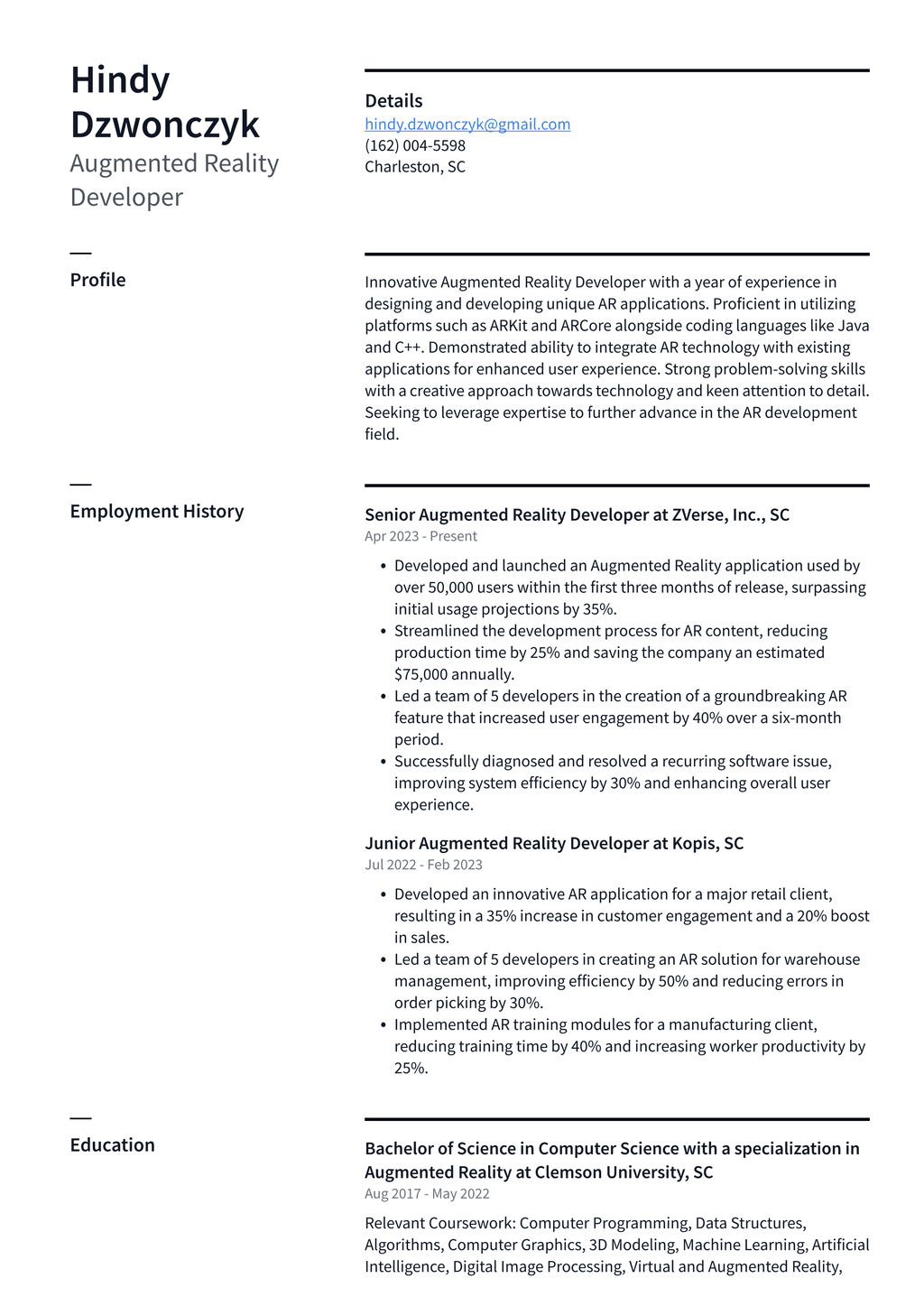 LinkedIn Augmented Reality Developer Resume Examples