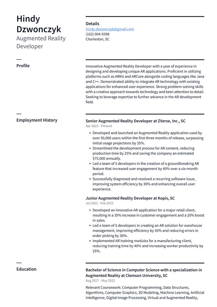 LinkedIn Augmented Reality Developer Resume Examples