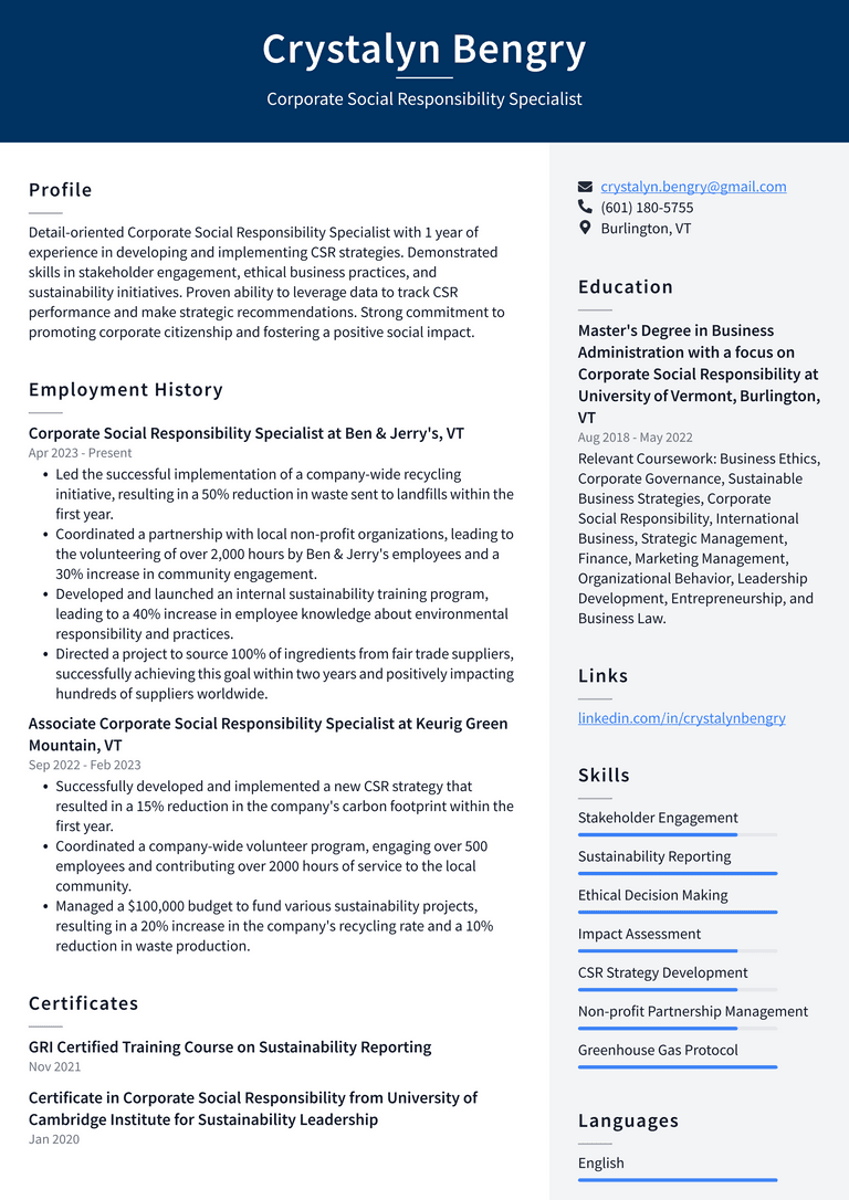 LinkedIn Corporate Social Responsibility Specialist Resume Examples