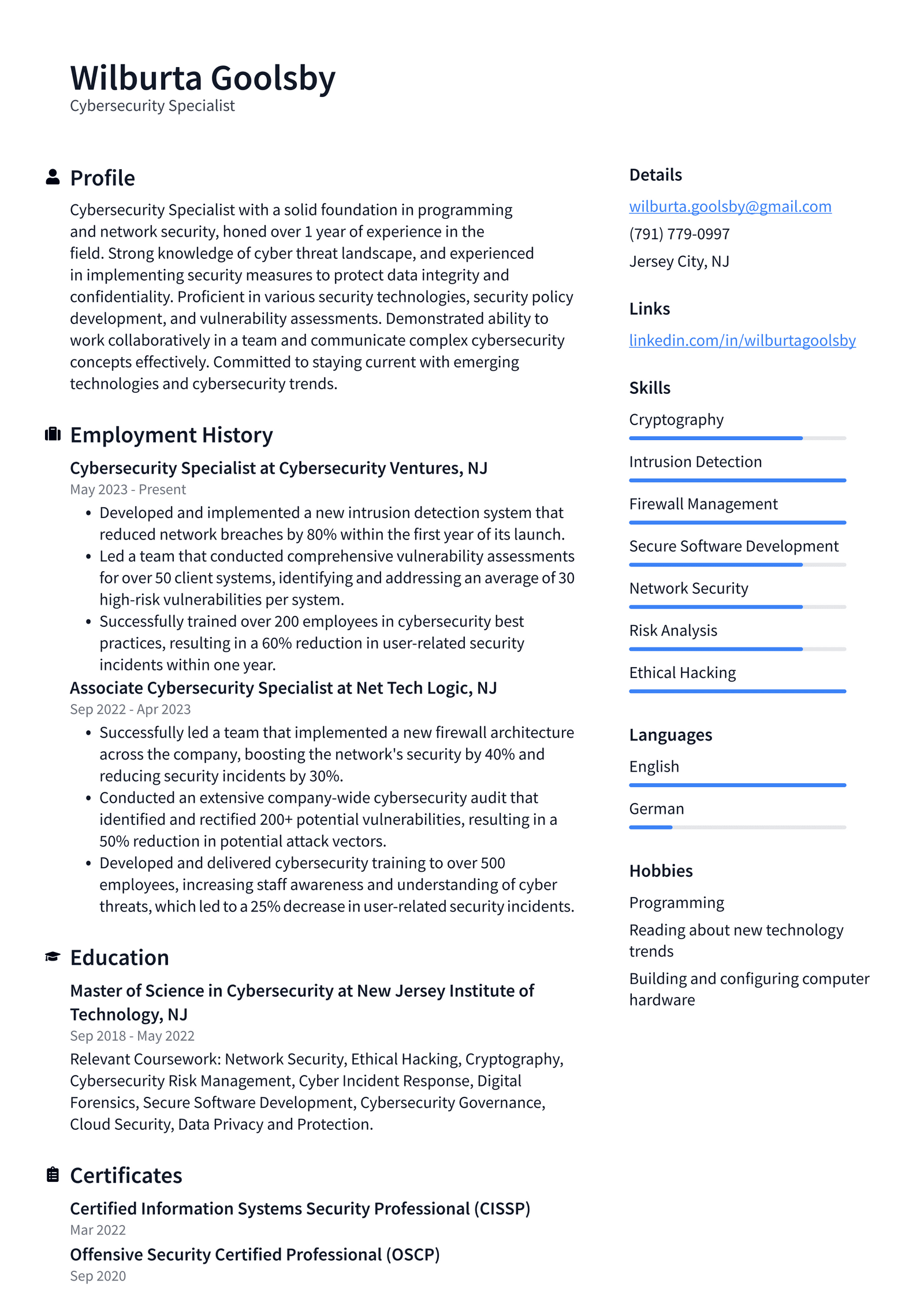 LinkedIn Cybersecurity Specialist Resume Examples