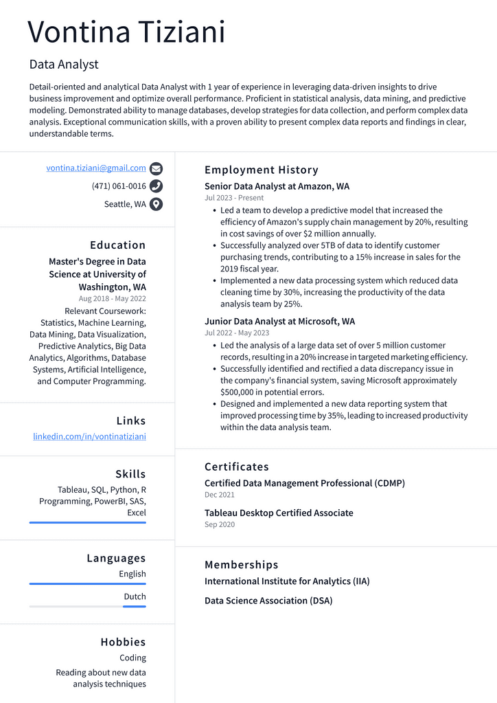 LinkedIn Data Analyst Resume Examples | ResumeCat