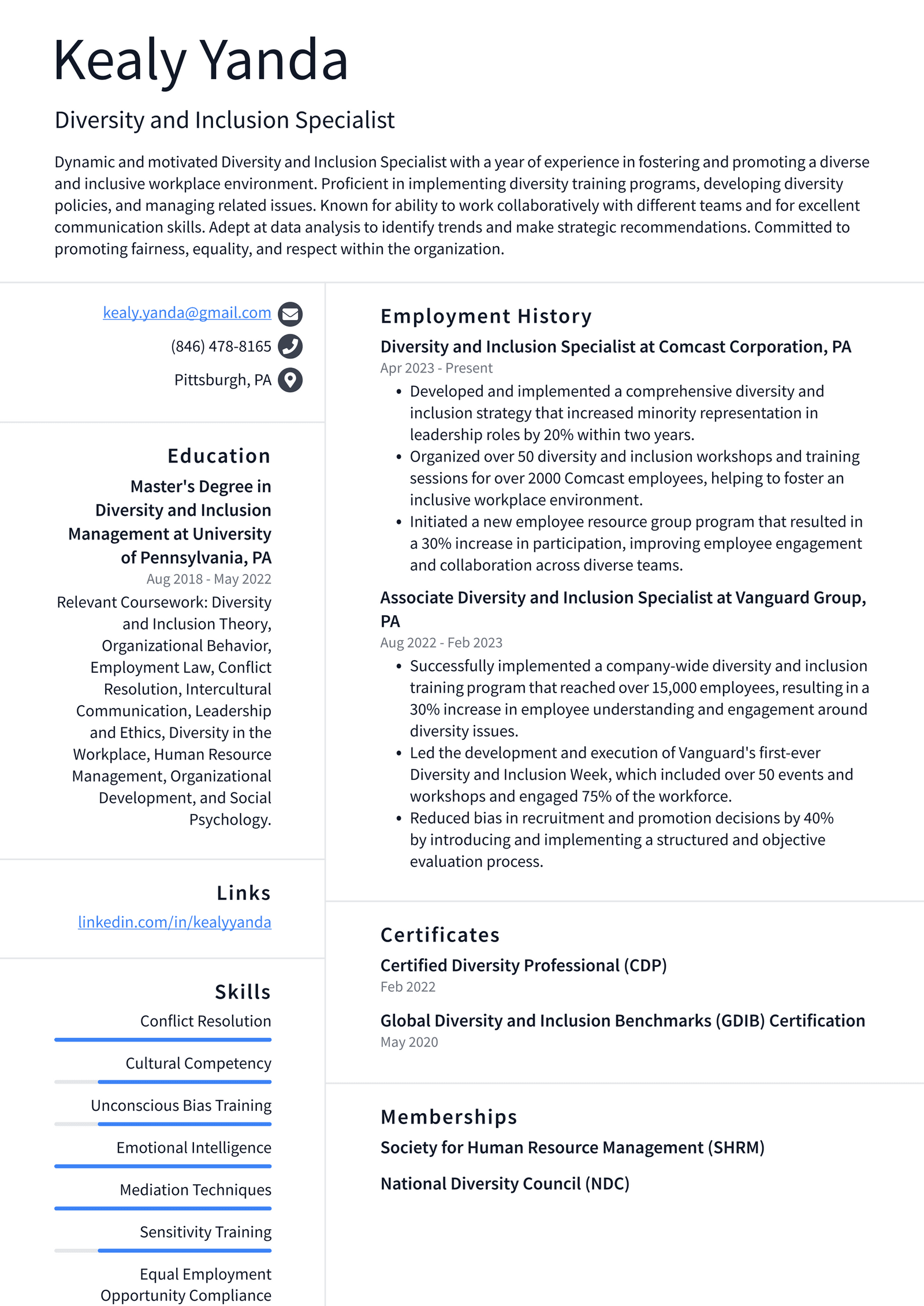 LinkedIn Diversity and Inclusion Specialist Resume Examples