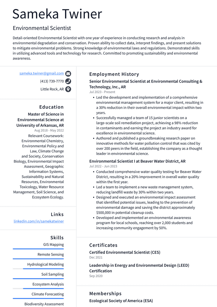 LinkedIn Environmental Scientist Resume Examples | ResumeCat