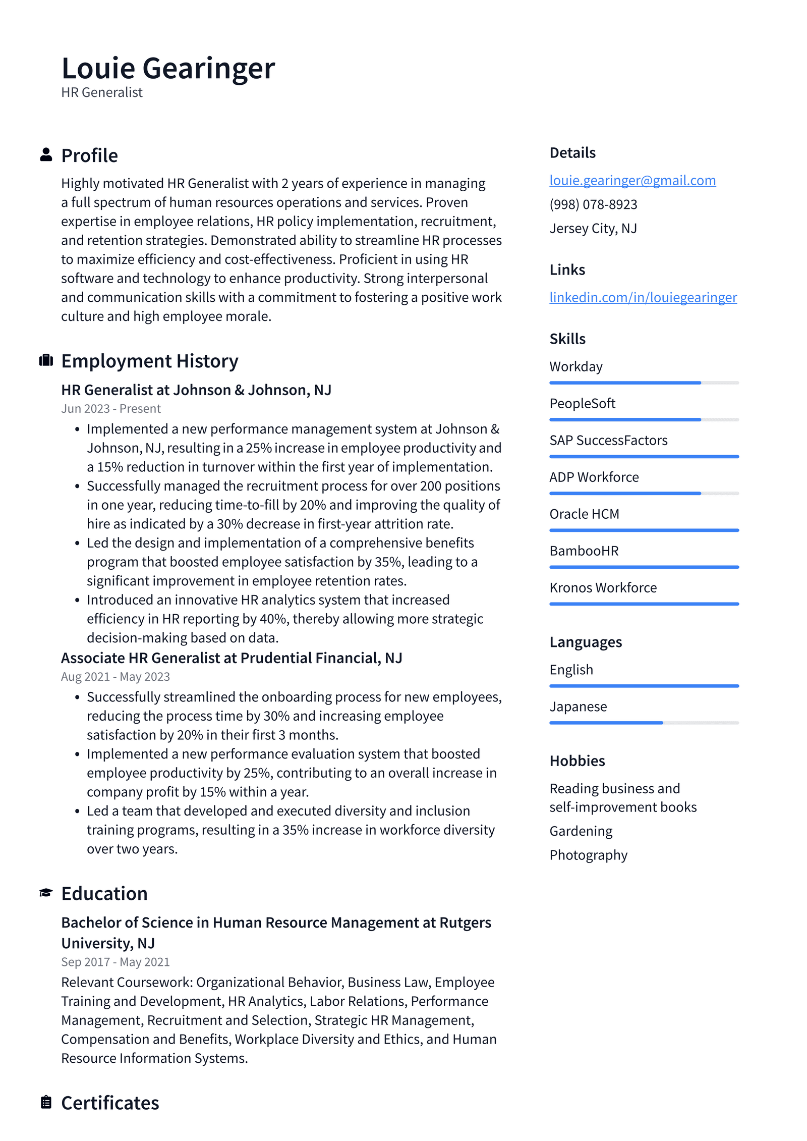 LinkedIn HR Generalist Resume Examples | ResumeCat