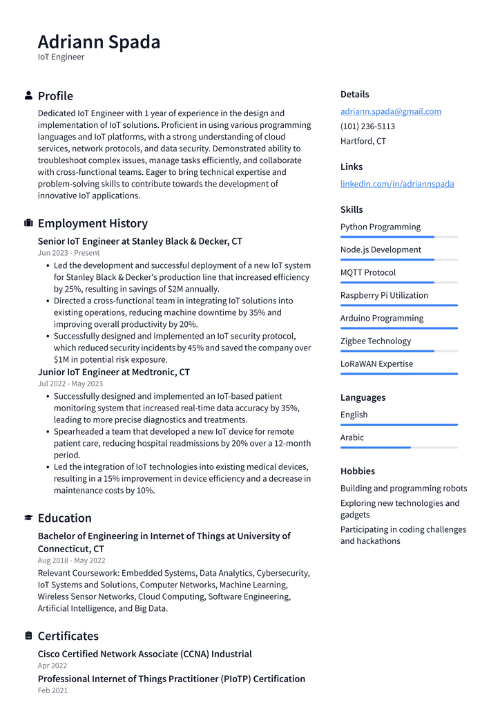 LinkedIn IoT Engineer Resume Examples | ResumeCat