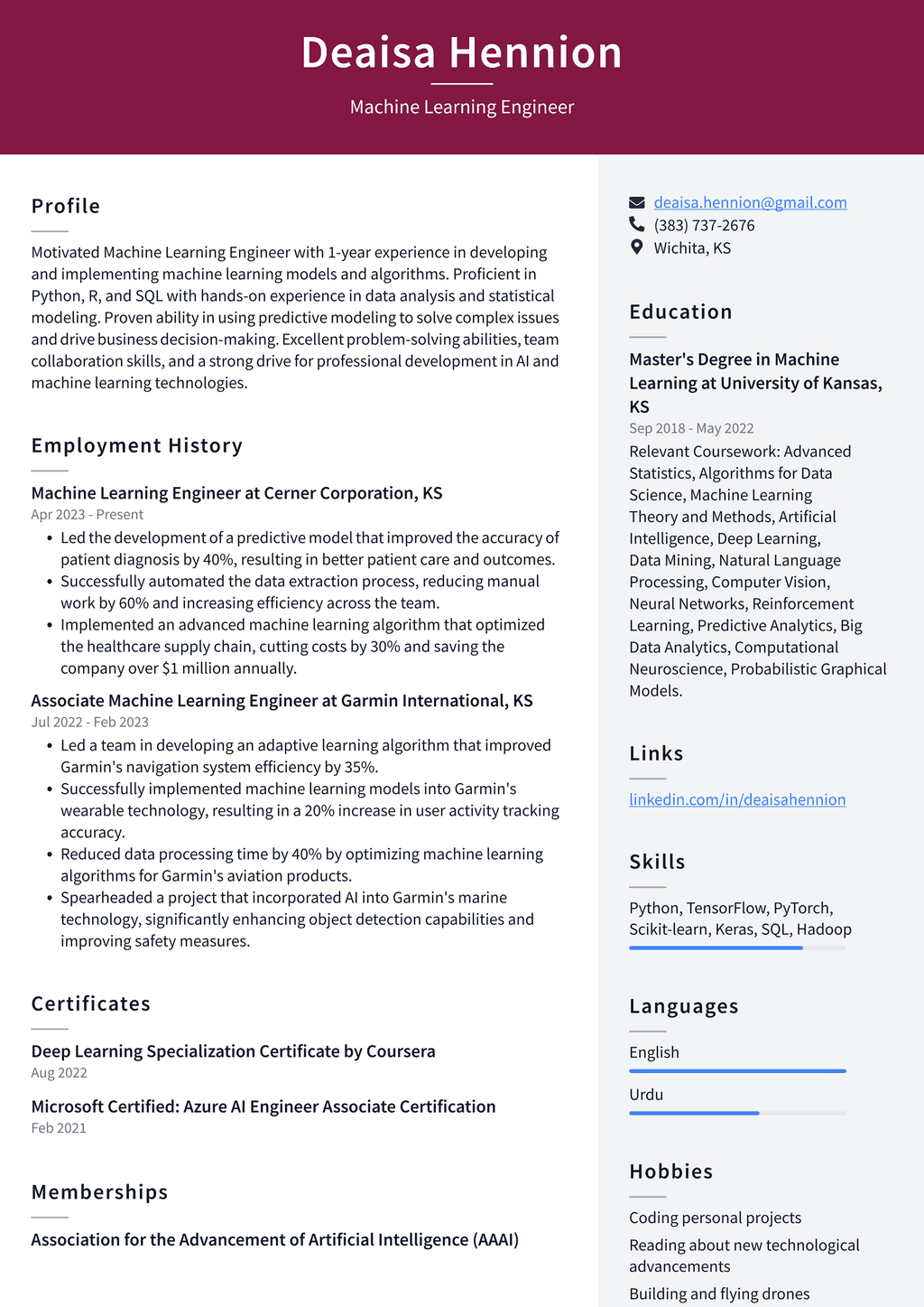 LinkedIn Machine Learning Engineer Resume Examples