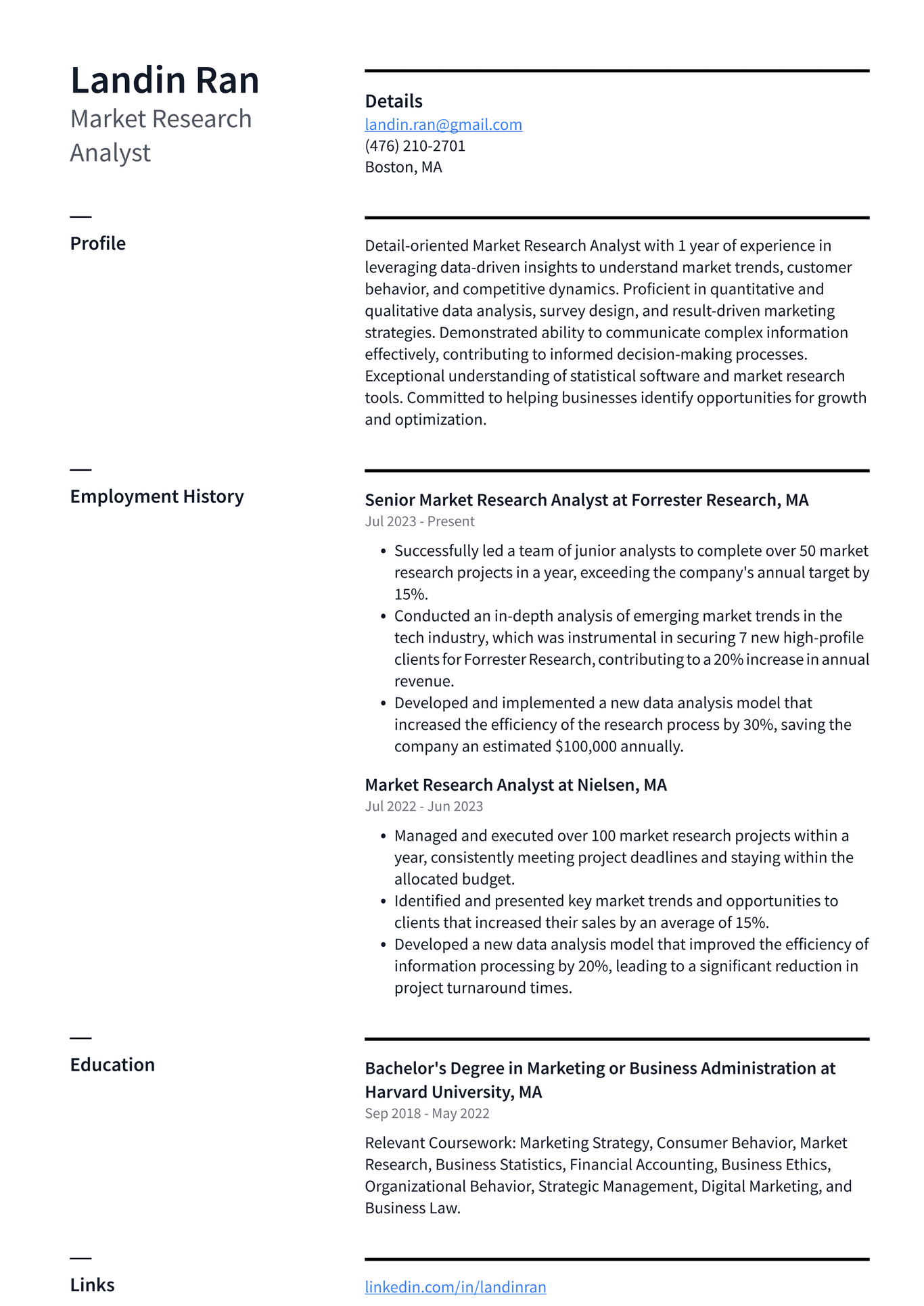 LinkedIn Market Research Analyst Resume Examples | ResumeCat