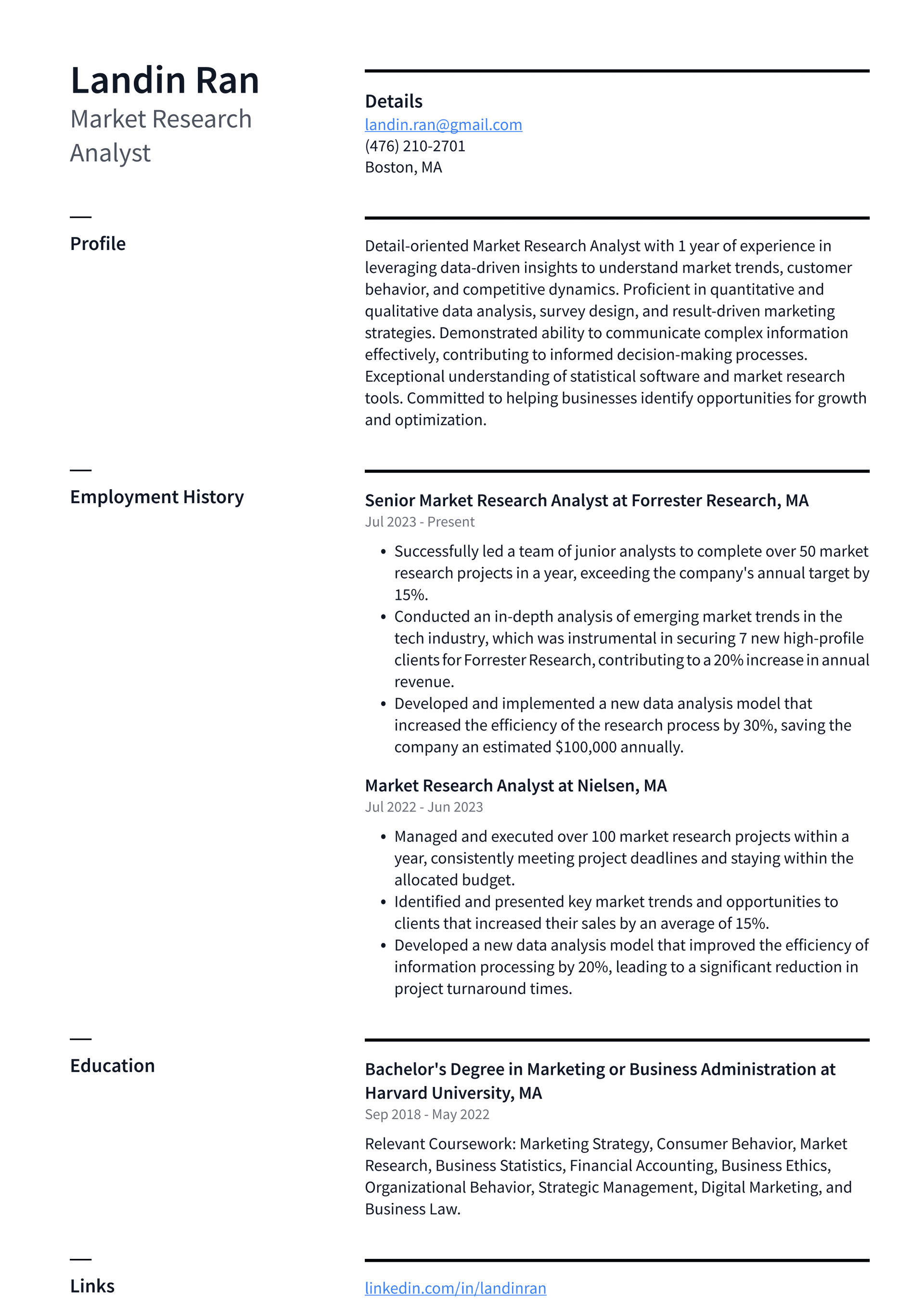 LinkedIn Market Research Analyst Resume Examples | ResumeCat