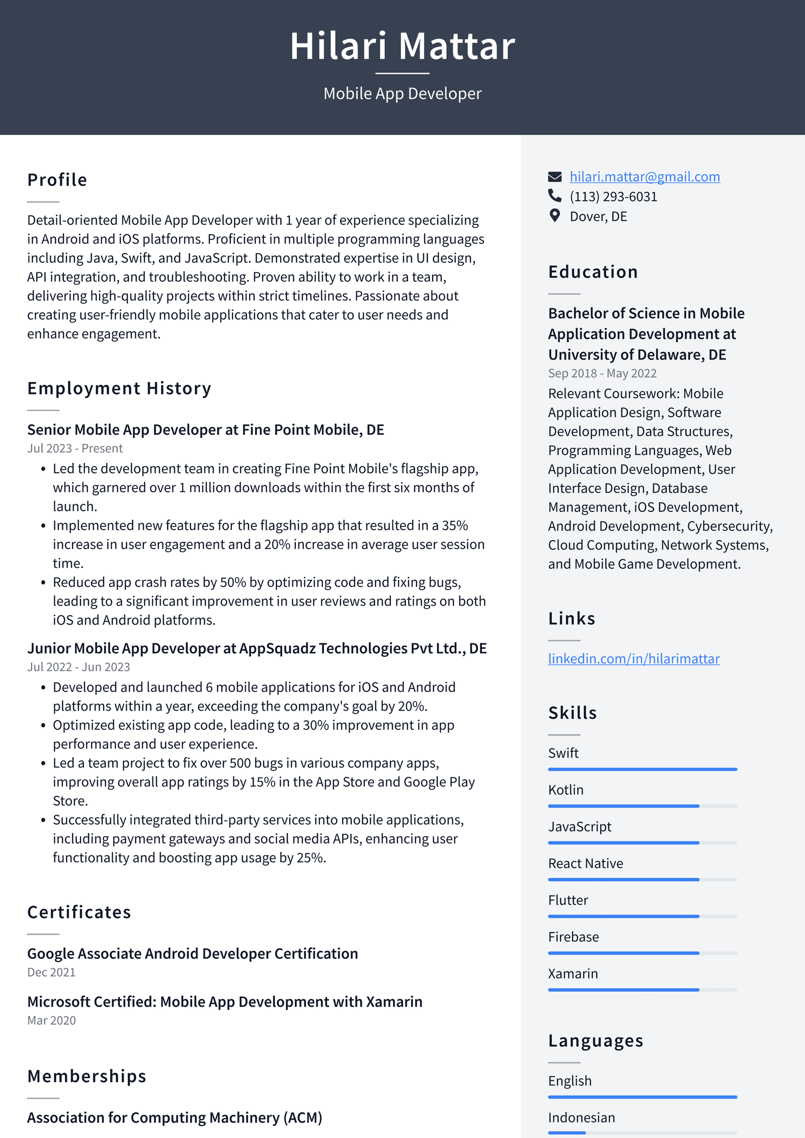 LinkedIn Mobile App Developer Resume Examples | ResumeCat