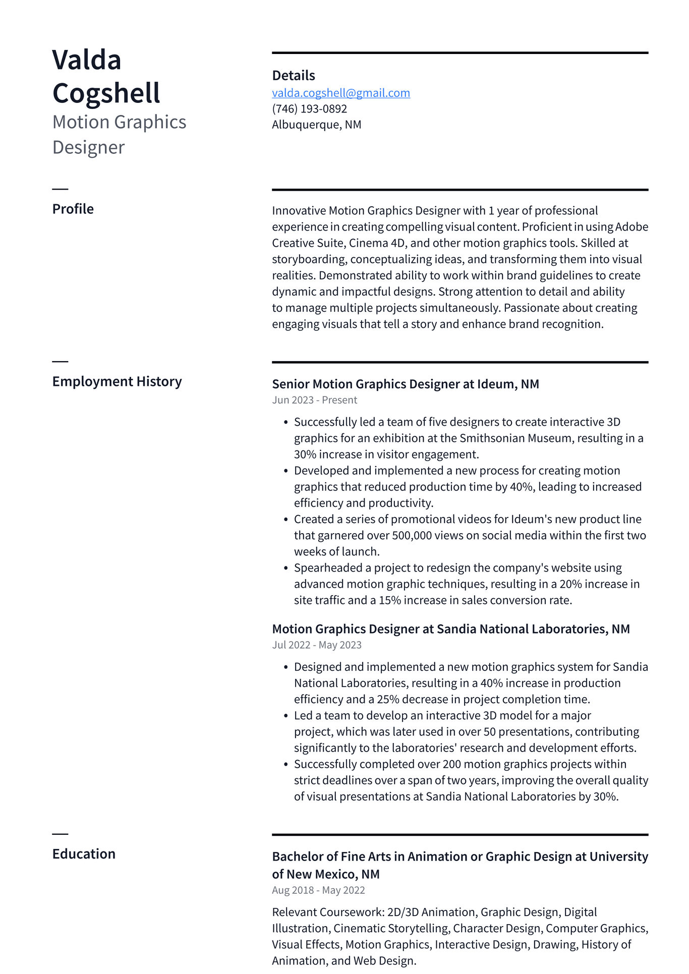 LinkedIn Motion Graphics Designer Resume Examples