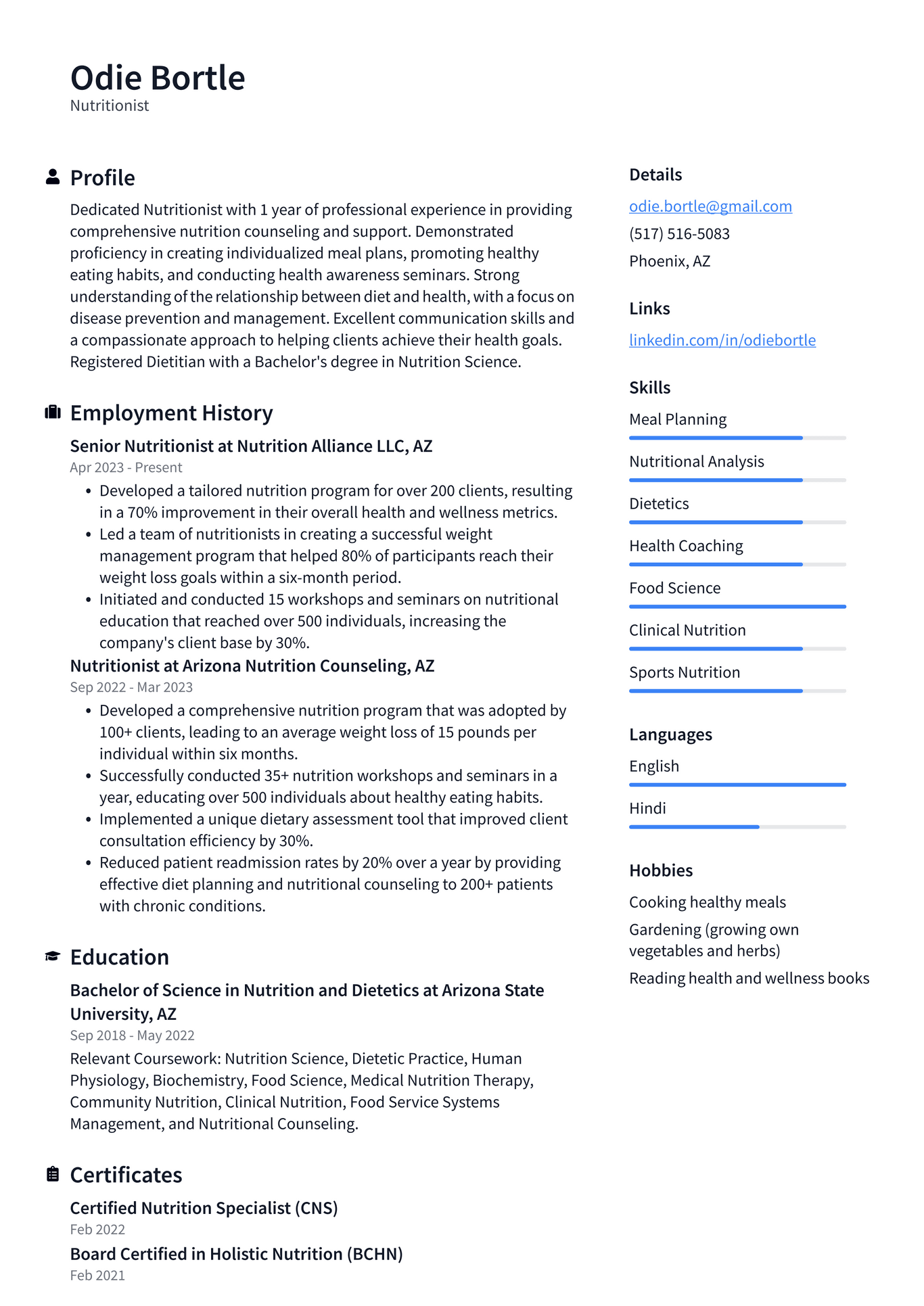 LinkedIn Nutritionist Resume Examples | ResumeCat