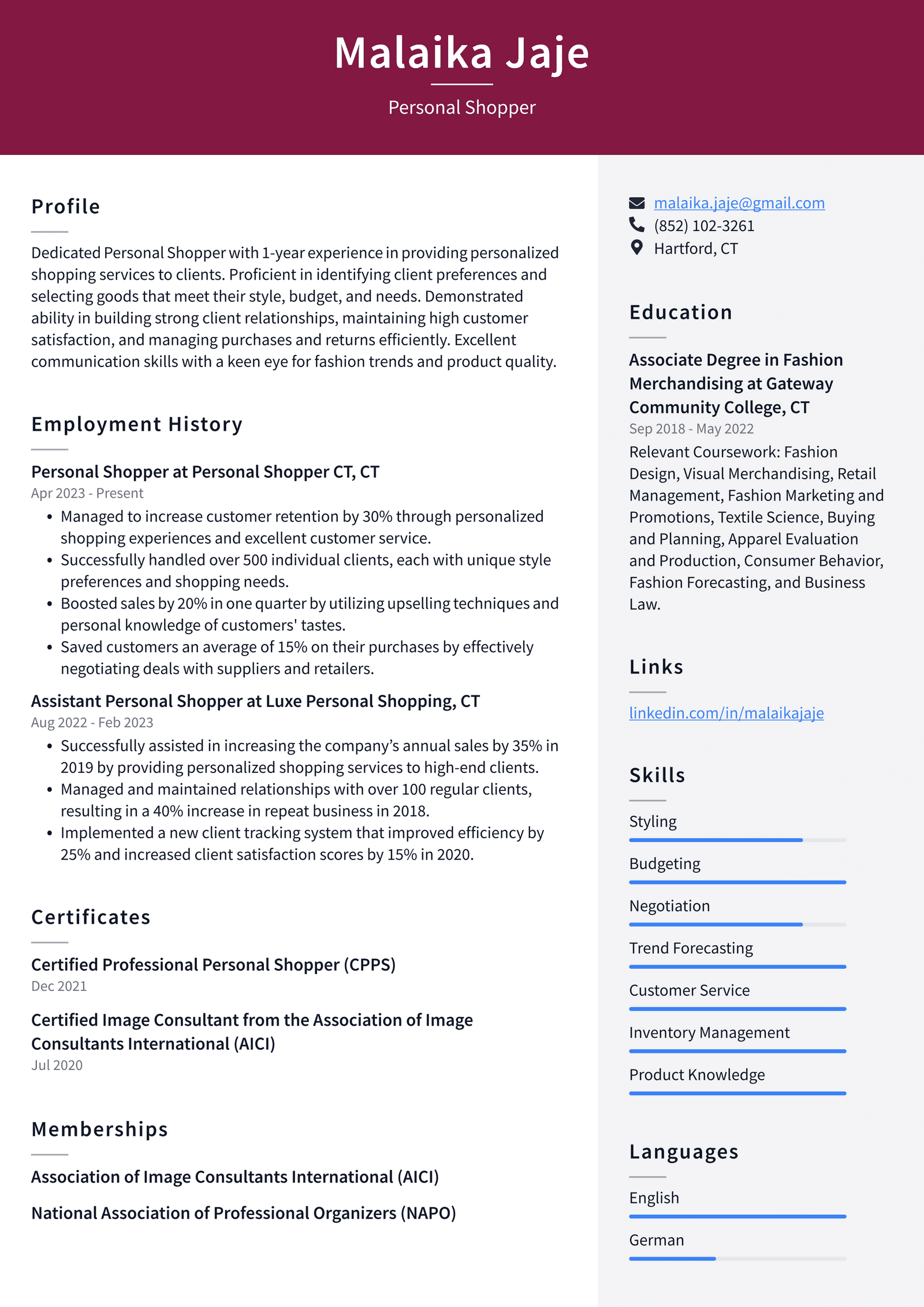 LinkedIn Personal Shopper Resume Examples | ResumeCat