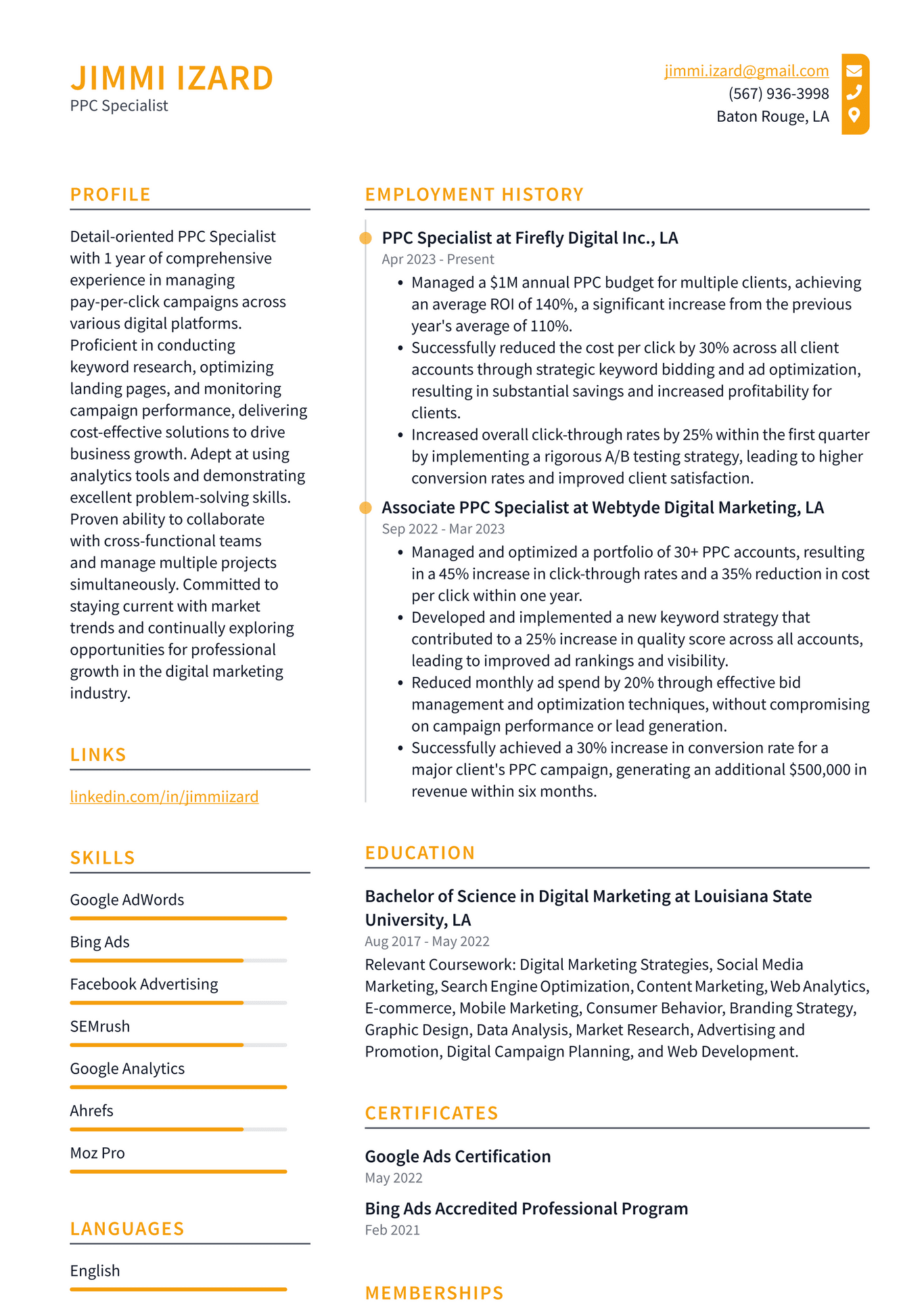 LinkedIn PPC Specialist Resume Examples | ResumeCat