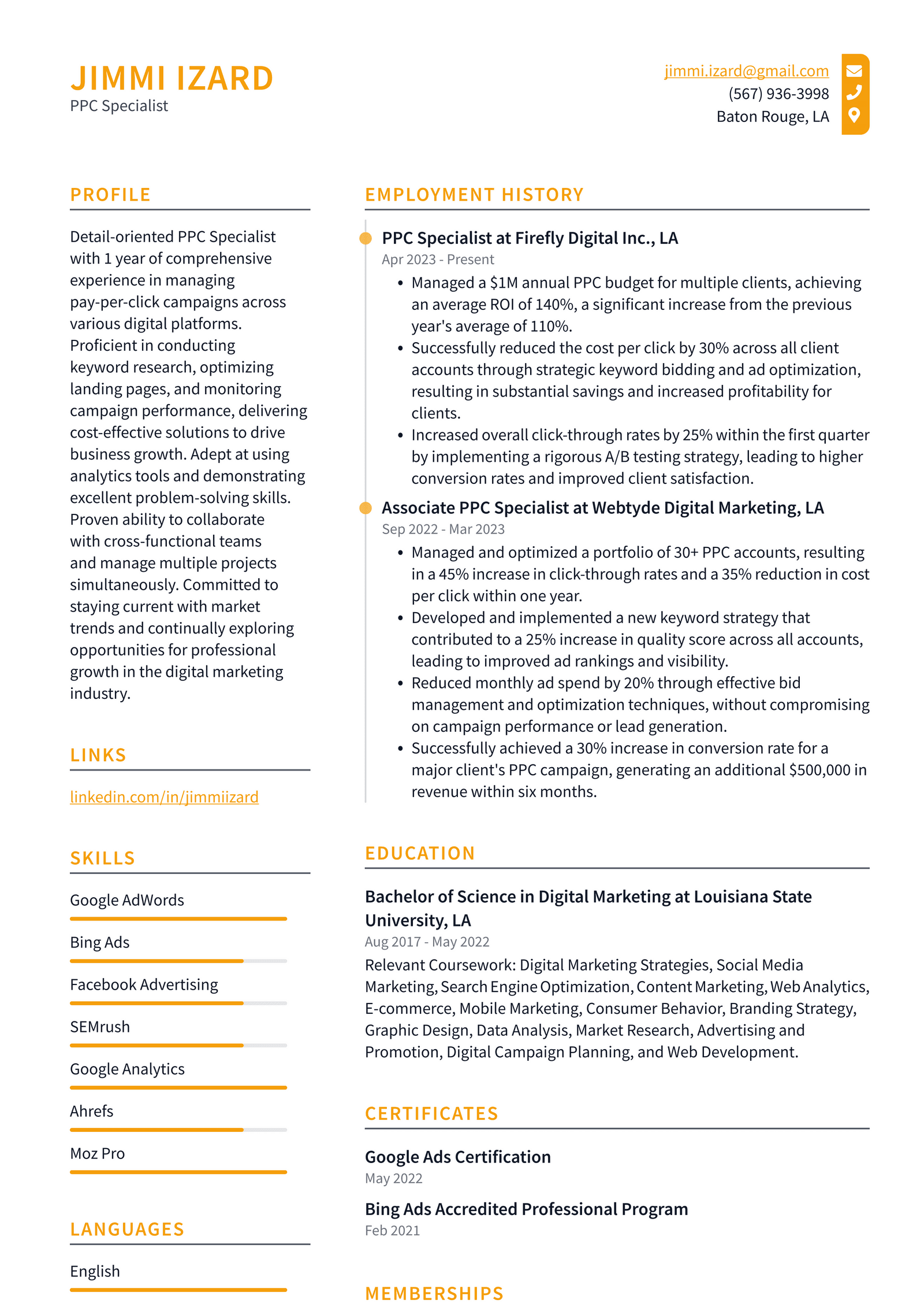 LinkedIn PPC Specialist Resume Examples | ResumeCat