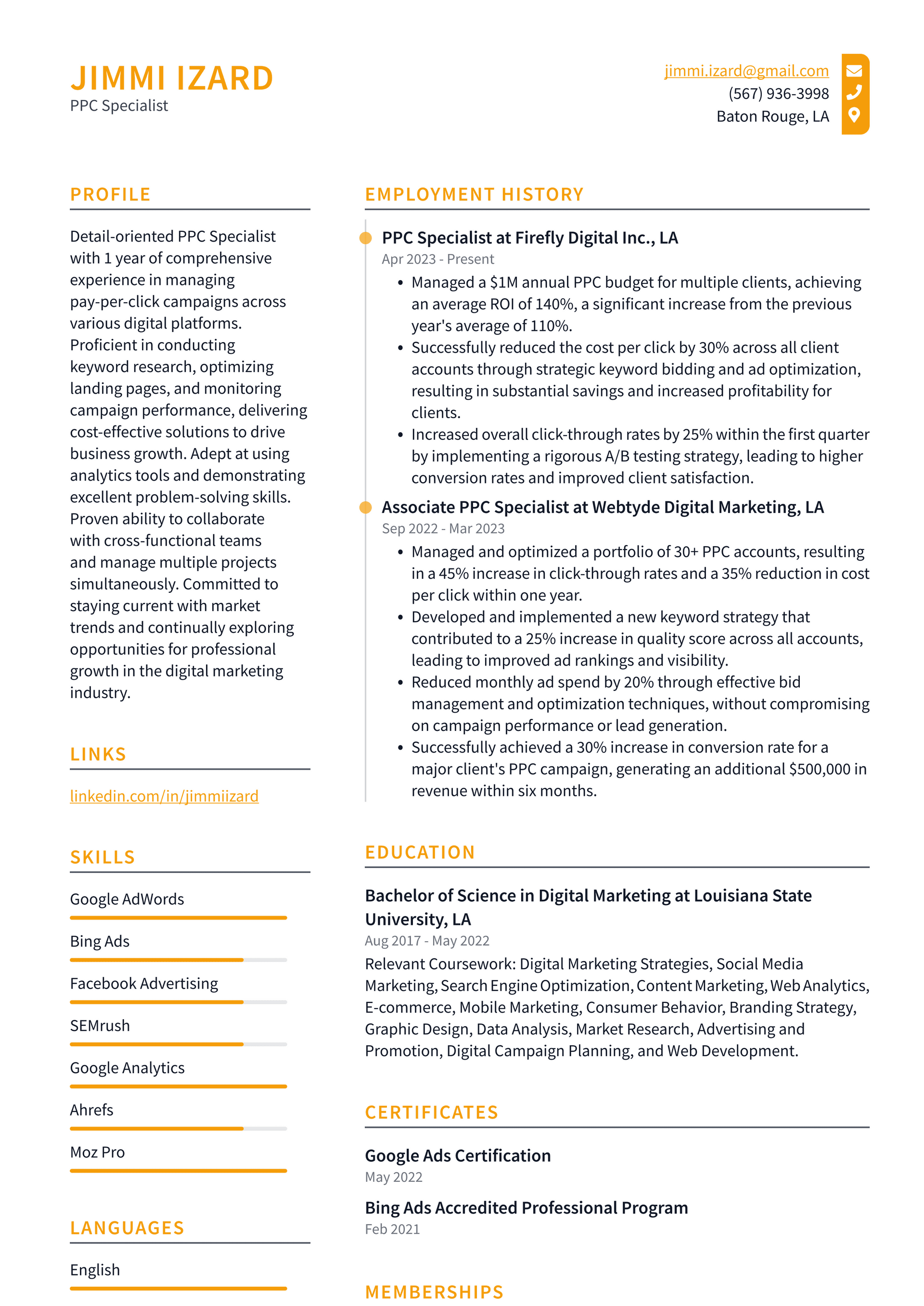 LinkedIn PPC Specialist Resume Examples | ResumeCat