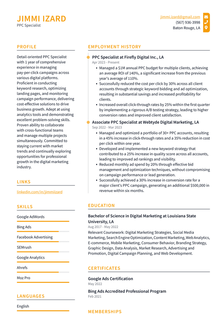 LinkedIn PPC Specialist Resume Examples | ResumeCat