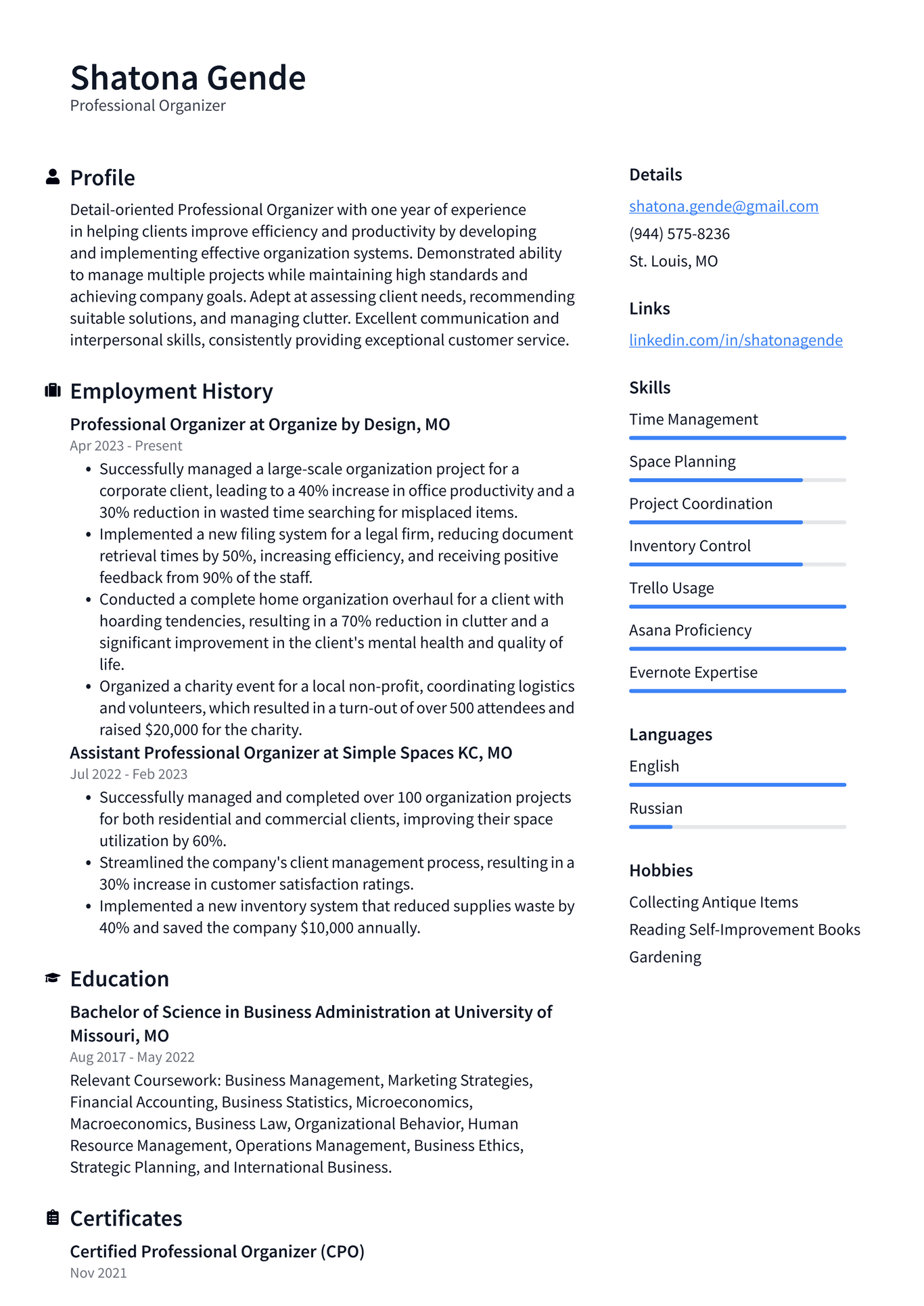 LinkedIn Professional Organizer Resume Examples | ResumeCat