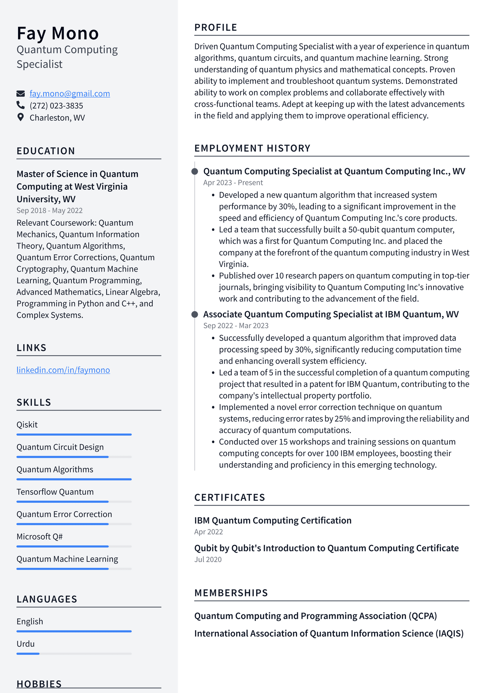 LinkedIn Quantum Computing Specialist Resume Examples