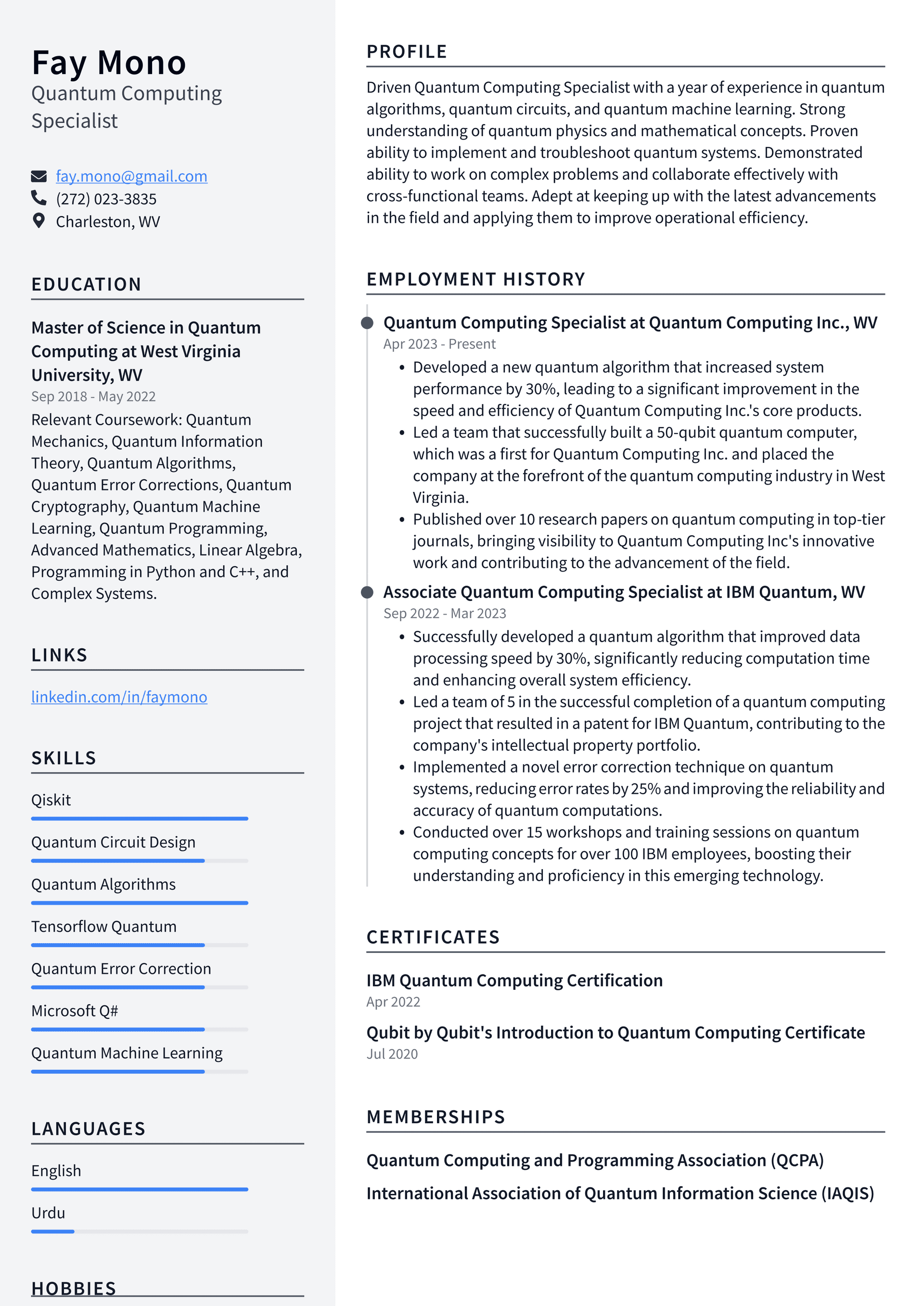 LinkedIn Quantum Computing Specialist Resume Examples