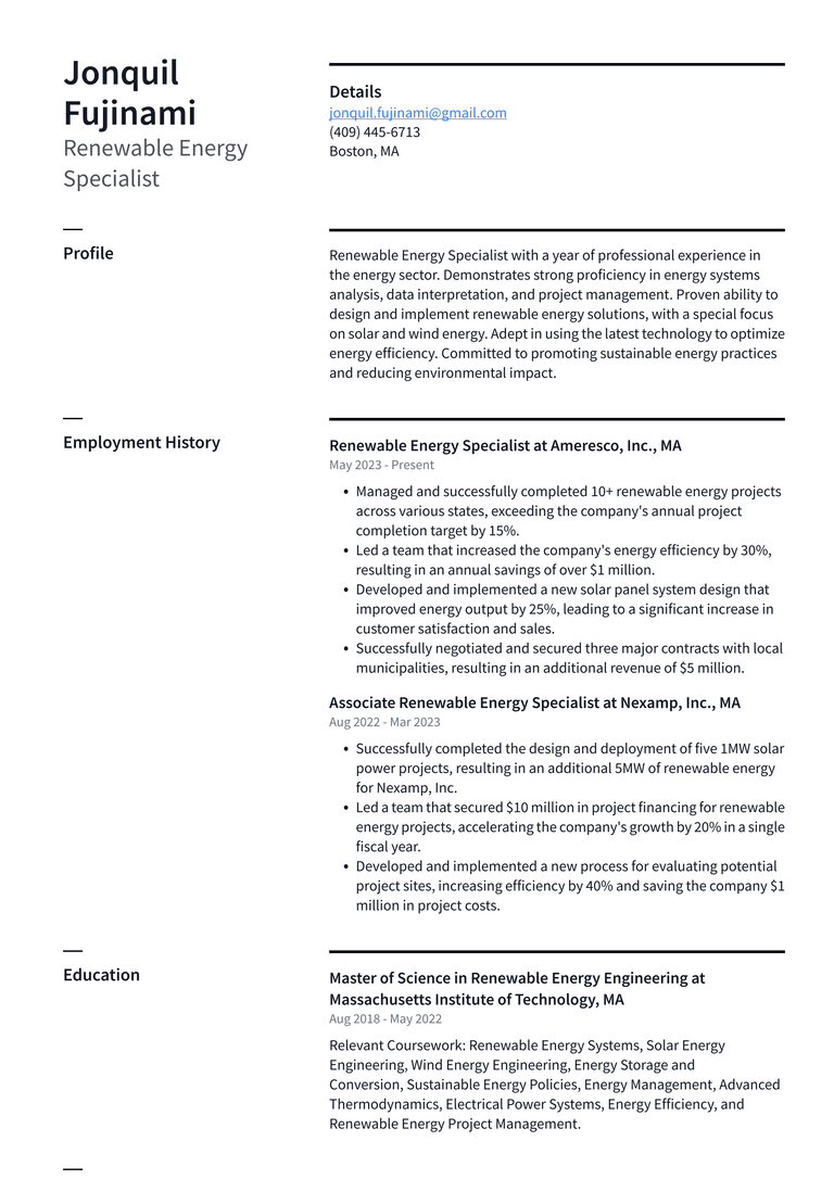 LinkedIn Renewable Energy Specialist Resume Examples
