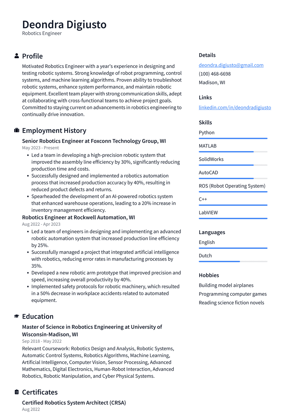 LinkedIn Robotics Engineer Resume Examples | ResumeCat