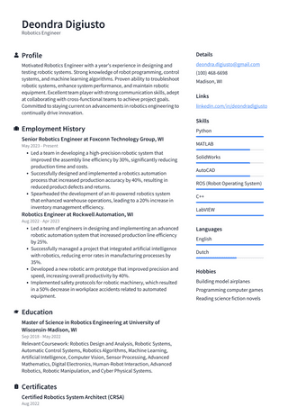 LinkedIn Robotics Engineer Resume Examples | ResumeCat