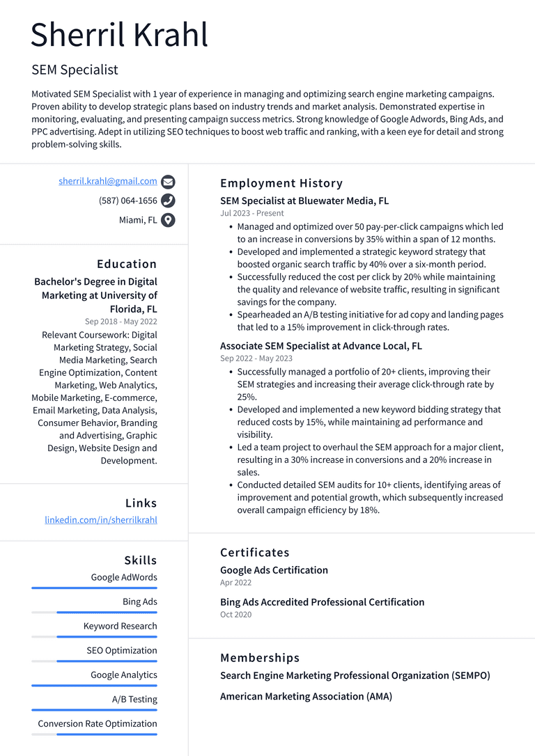 LinkedIn SEM Specialist Resume Examples | ResumeCat