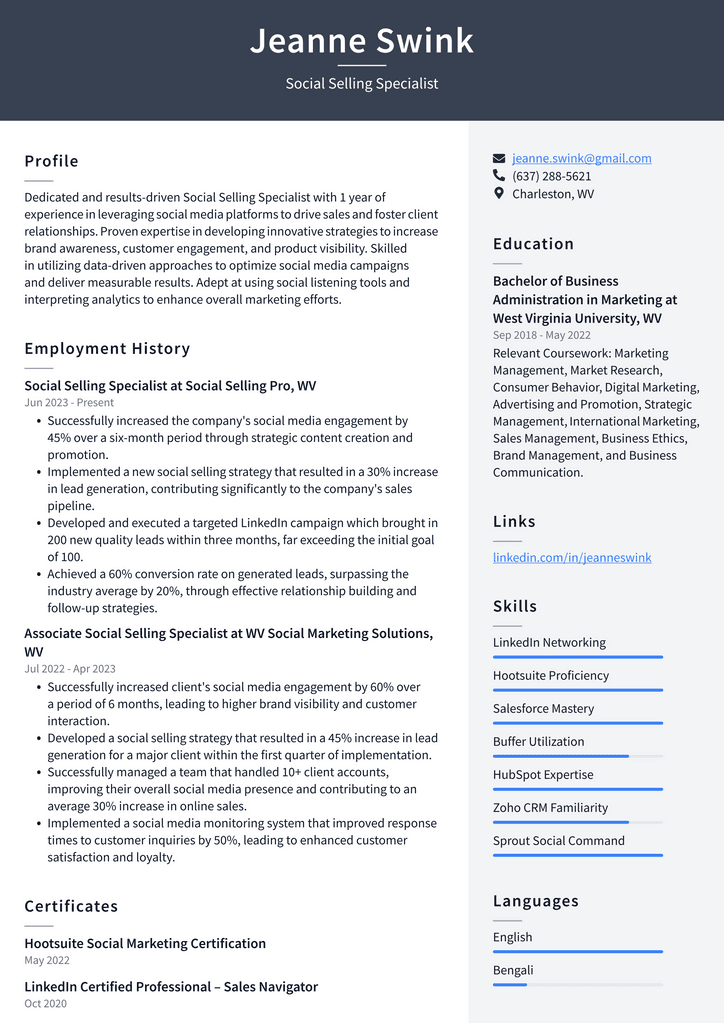 LinkedIn Social Selling Specialist Resume Examples