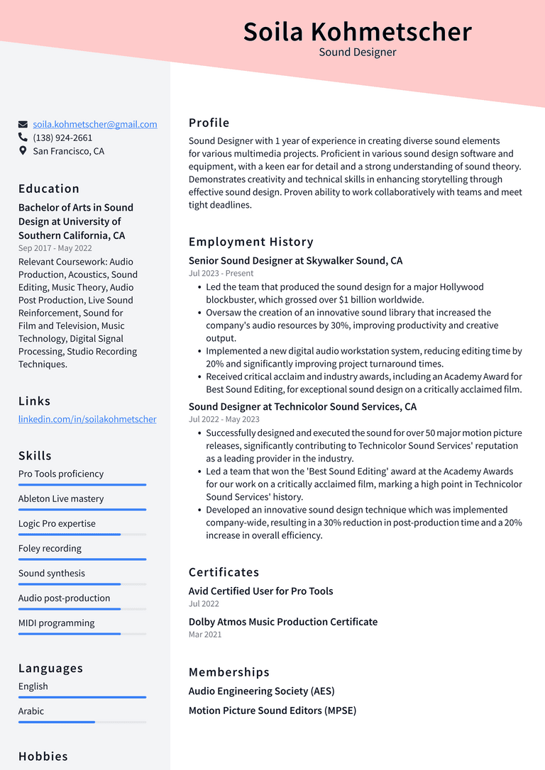 LinkedIn Sound Designer Resume Examples | ResumeCat