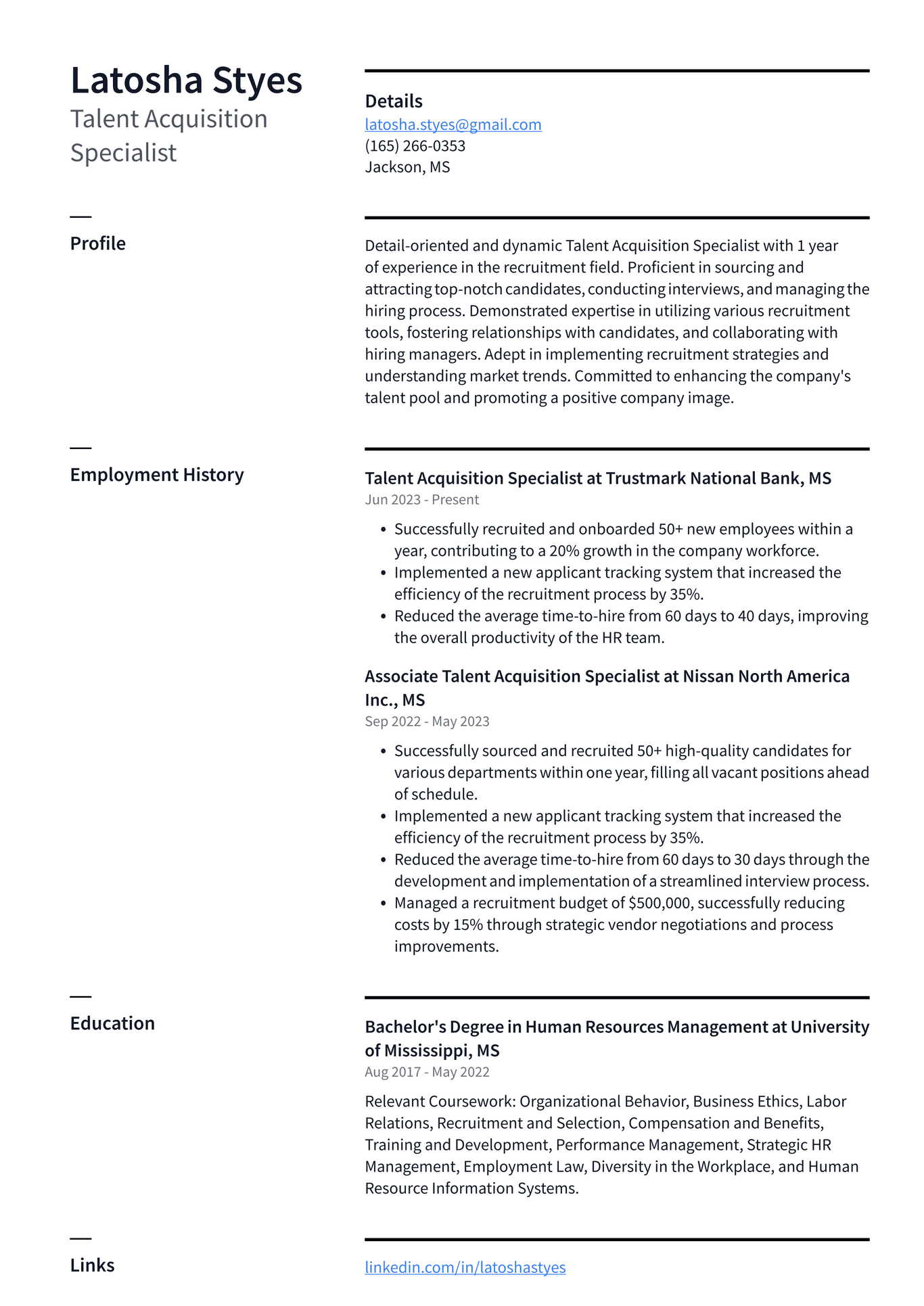 LinkedIn Talent Acquisition Specialist Resume Examples