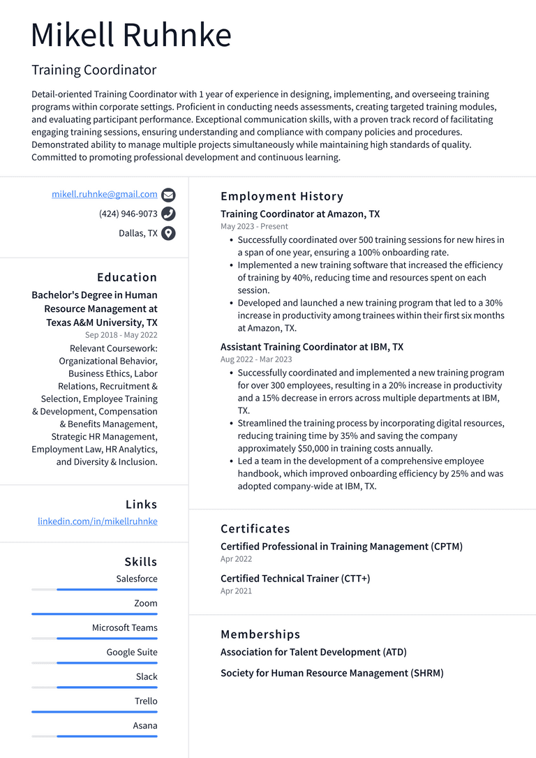 LinkedIn Training Coordinator Resume Examples | ResumeCat