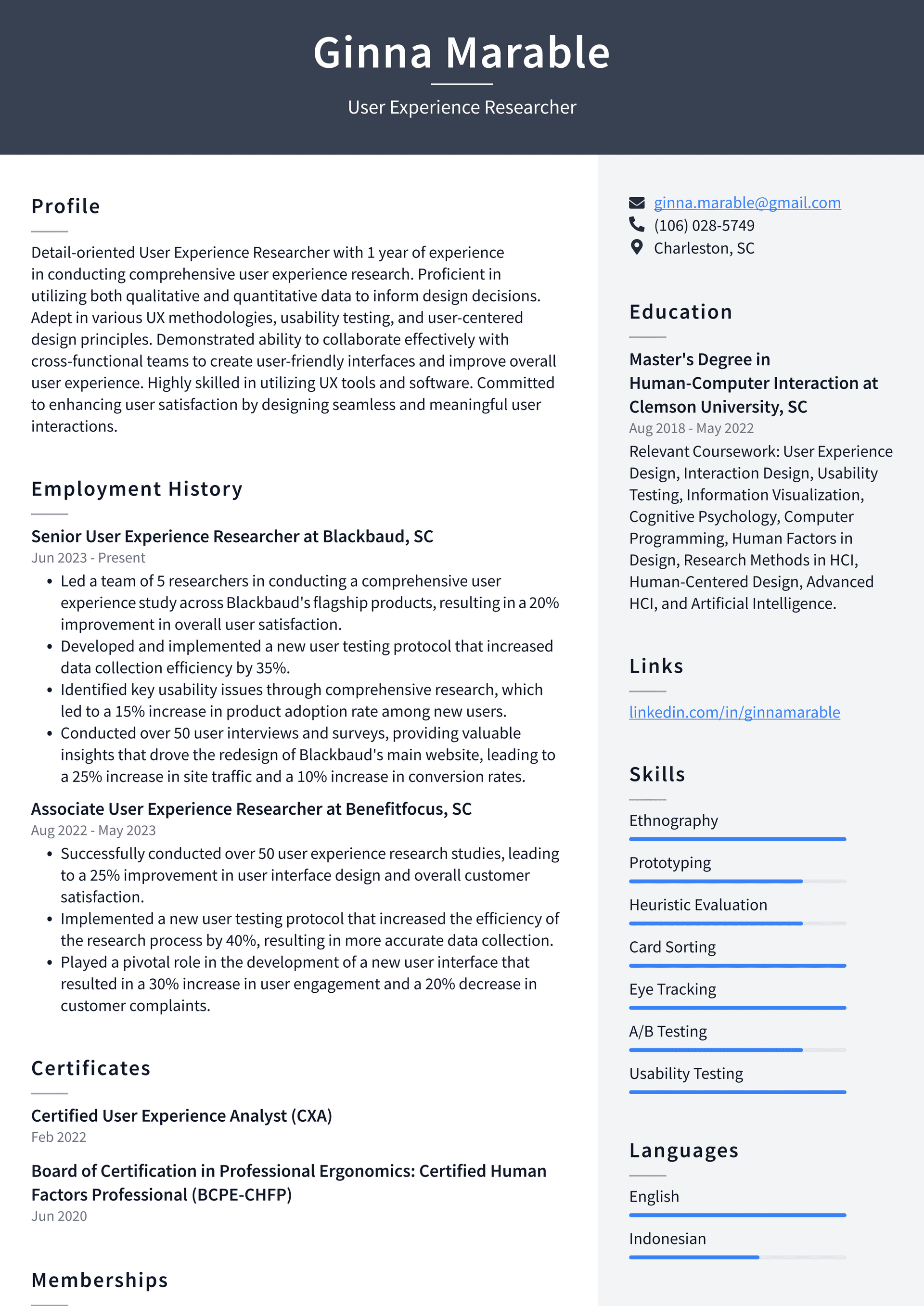 LinkedIn User Experience Researcher Resume Examples