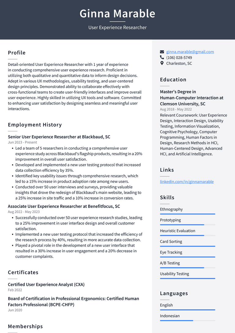LinkedIn User Experience Researcher Resume Examples