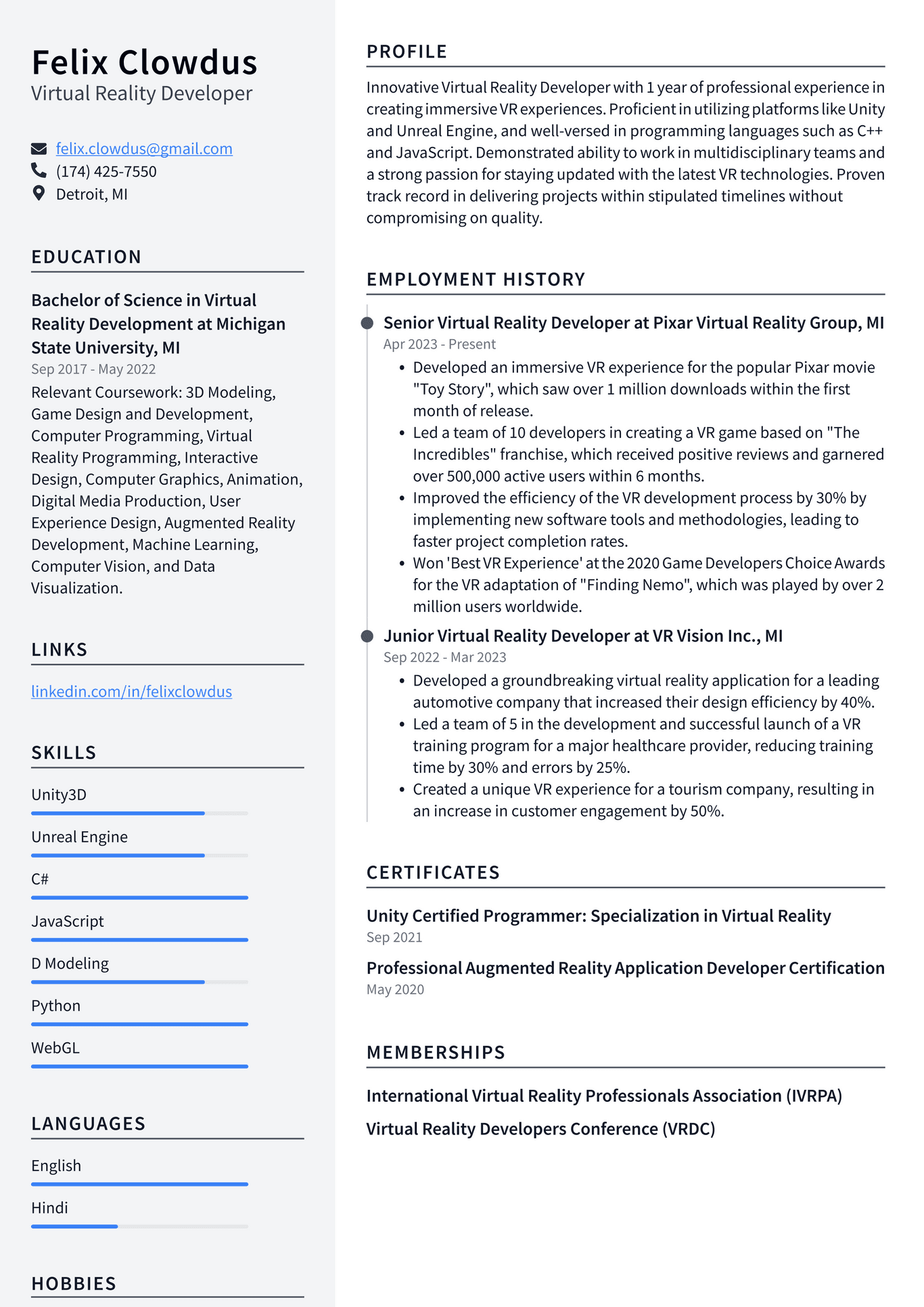 LinkedIn Virtual Reality Developer Resume Examples