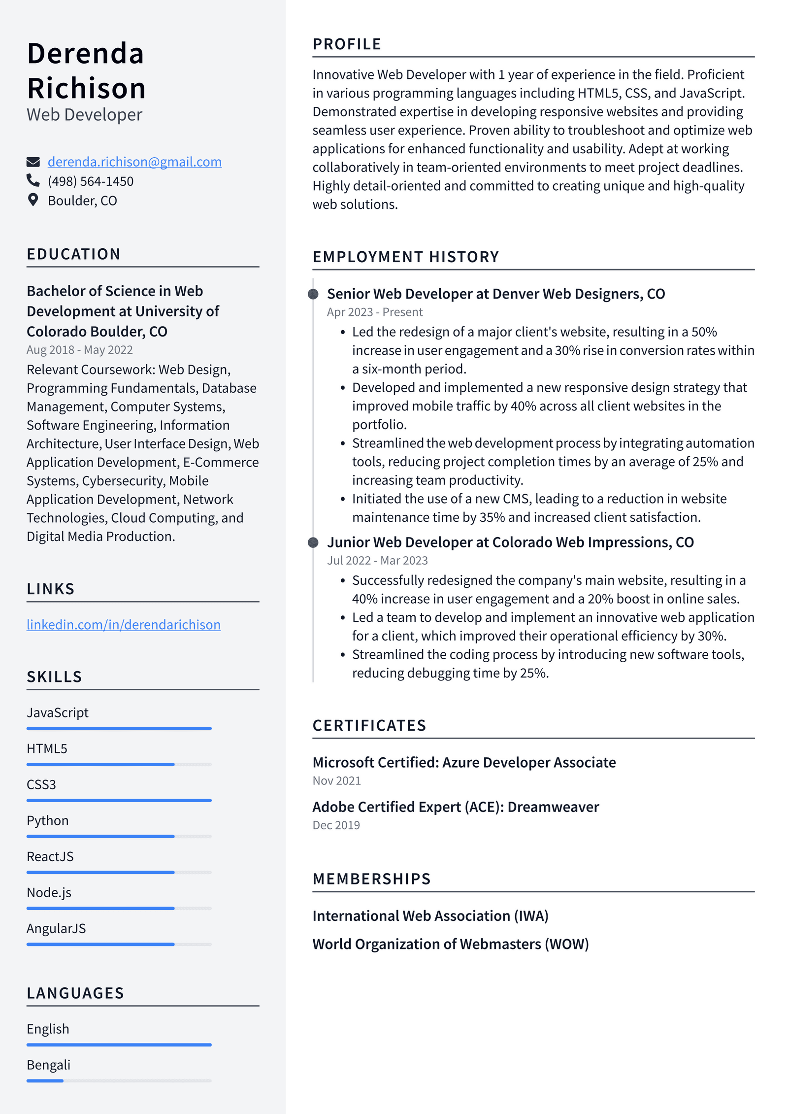 LinkedIn Web Developer Resume Examples ResumeCat