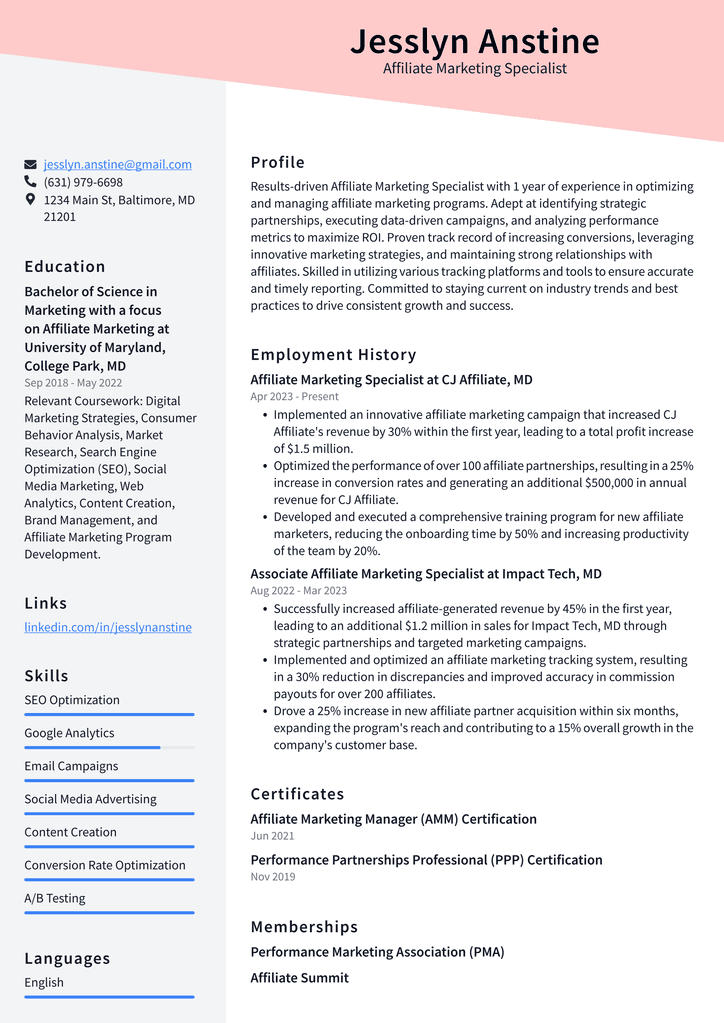 Lyft Affiliate Marketing Specialist Resume Examples