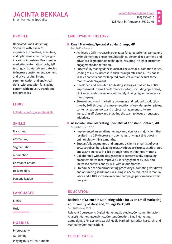 Lyft Email Marketing Specialist Resume Examples | ResumeCat