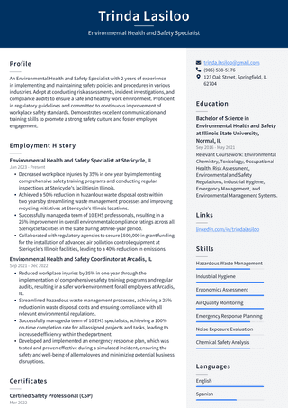 Lyft Environmental Health and Safety Specialist Resume Examples