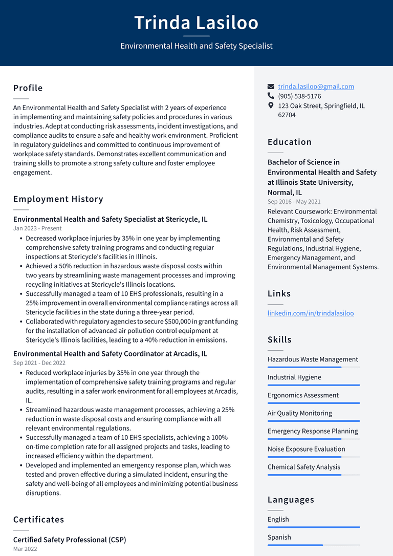 Lyft Environmental Health and Safety Specialist Resume Examples