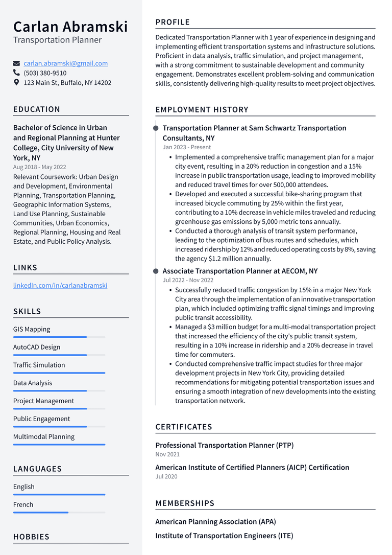 Lyft Transportation Planner Resume Examples | ResumeCat
