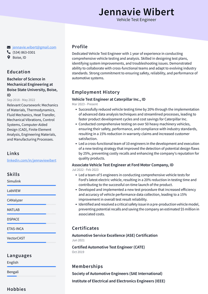 Lyft Vehicle Test Engineer Resume Examples | ResumeCat