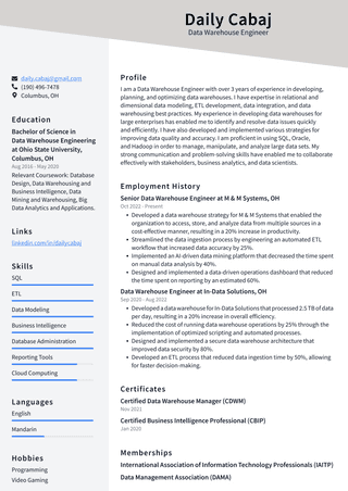Meta Data Warehouse Engineer Resume Examples | ResumeCat