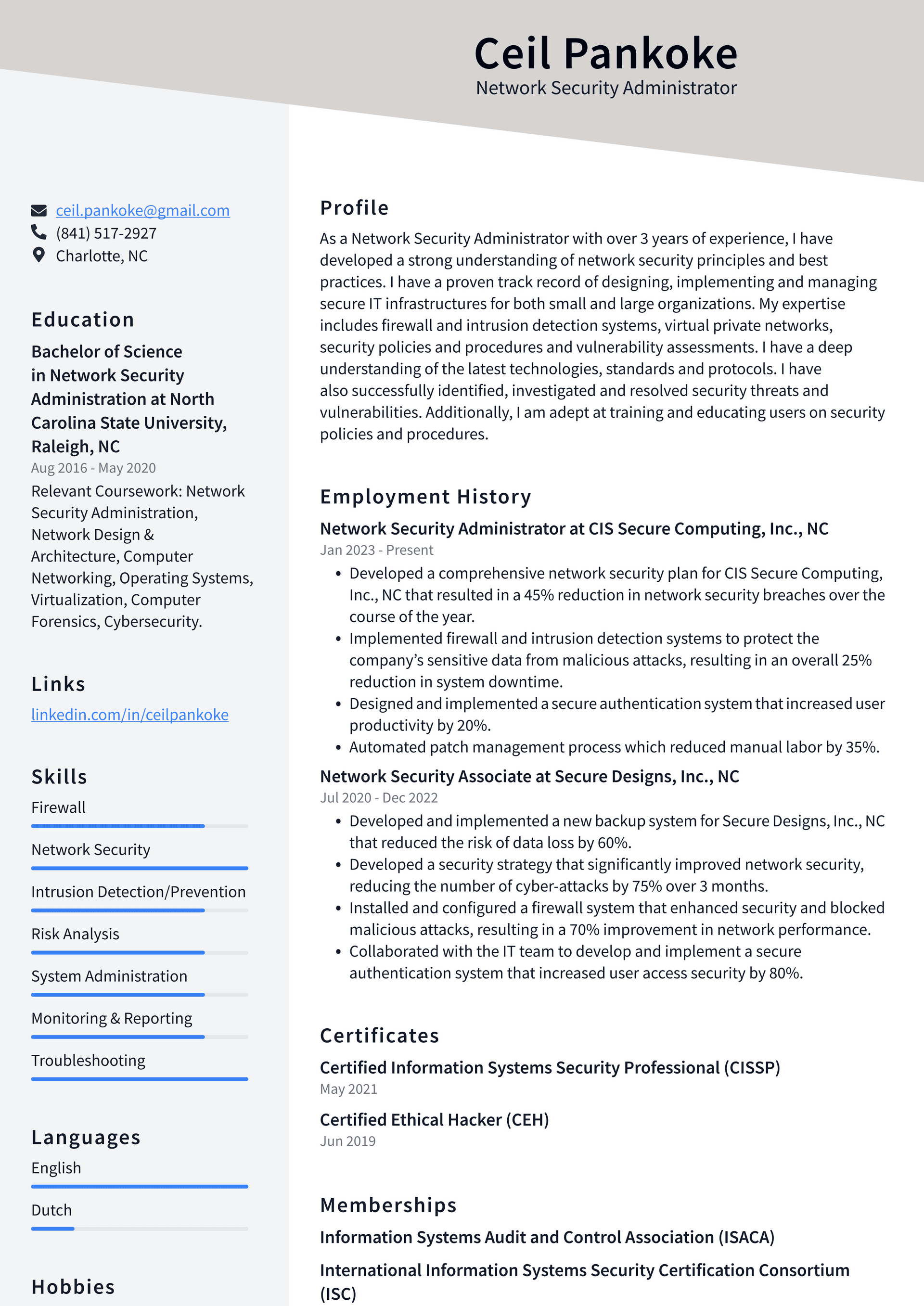 Meta Network Security Administrator Resume Examples