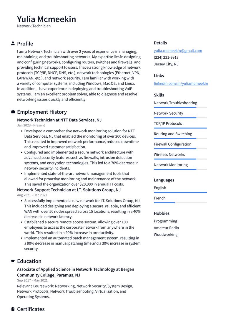 Meta Network Technician Resume Examples | ResumeCat