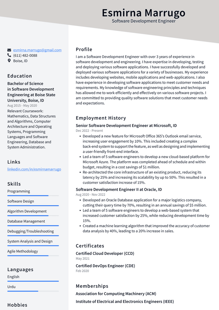 Meta Software Development Engineer Resume Examples