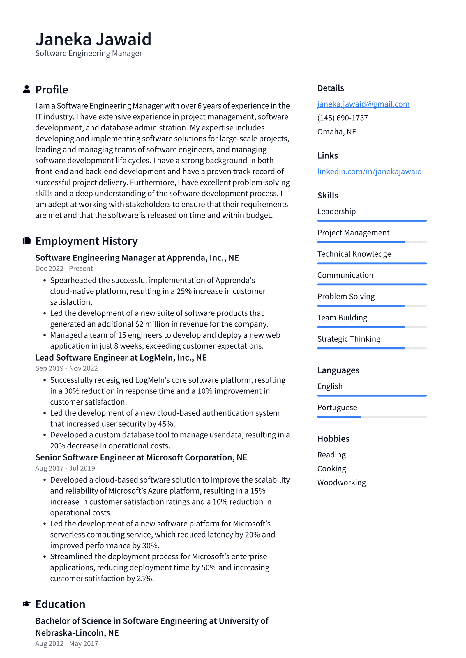 Meta Software Engineering Manager Resume Examples