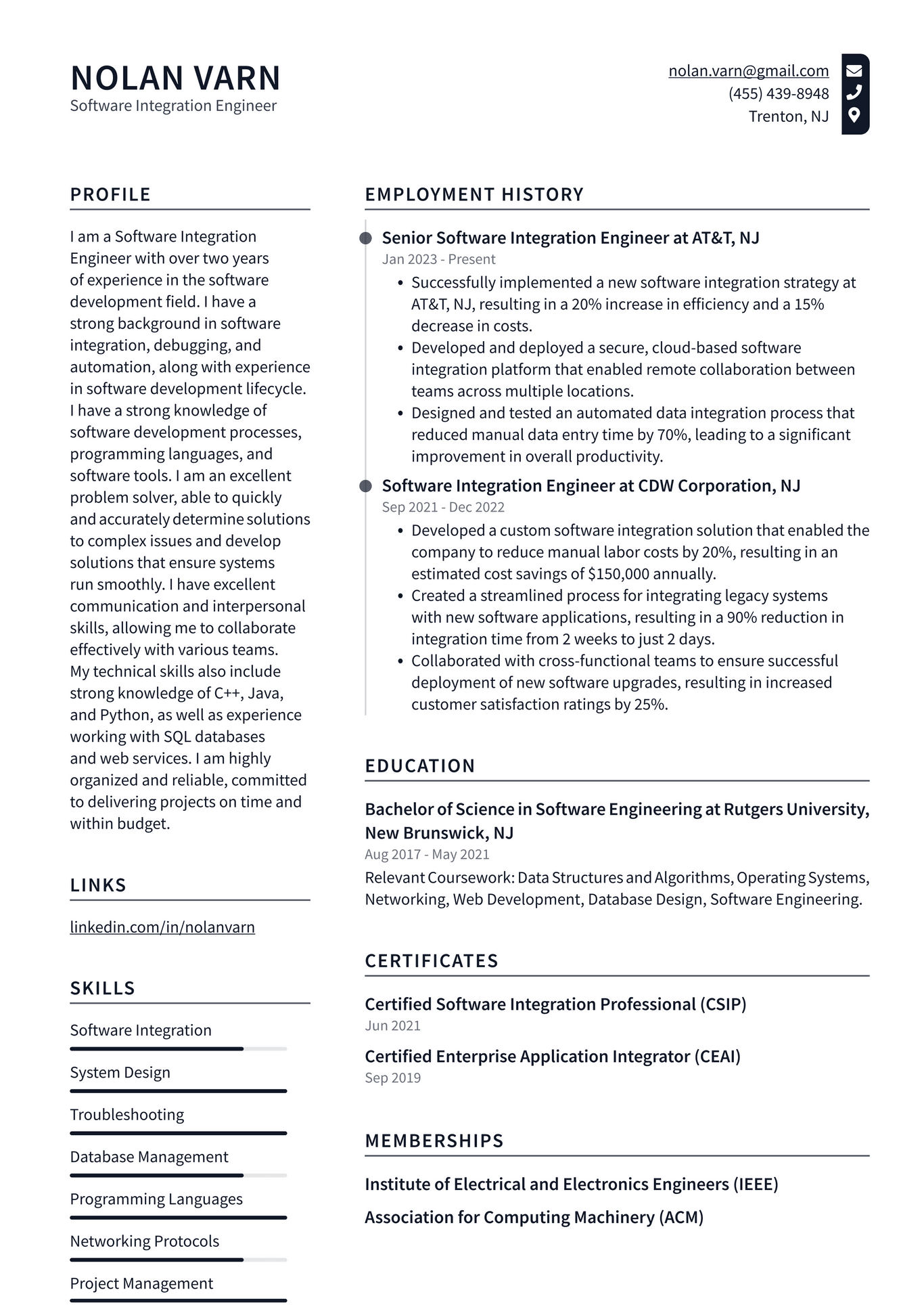Meta Software Integration Engineer Resume Examples