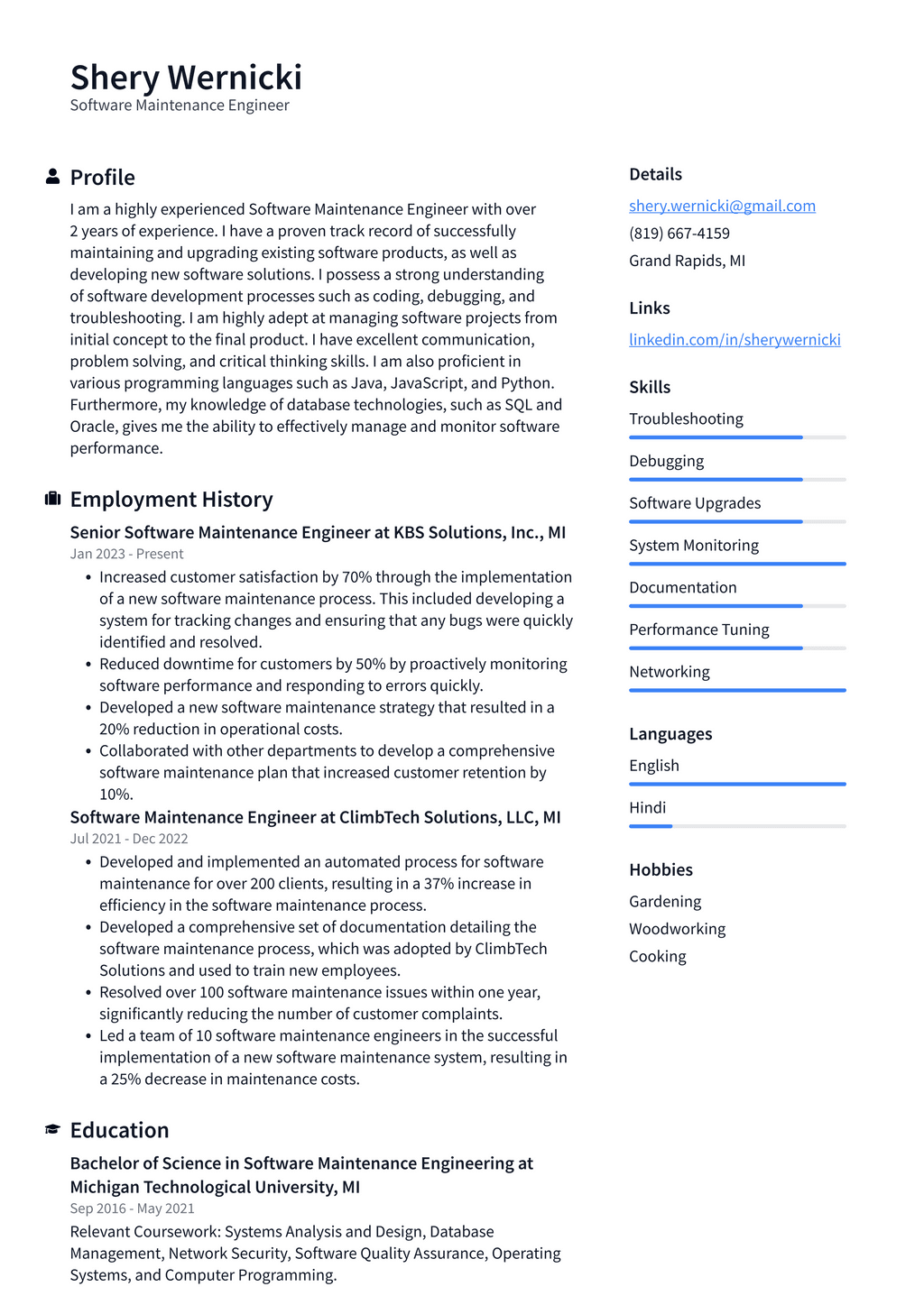 Meta Software Maintenance Engineer Resume Examples