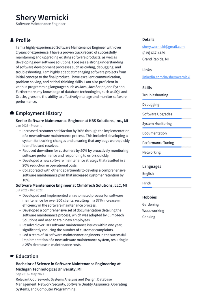 Meta Software Maintenance Engineer Resume Examples